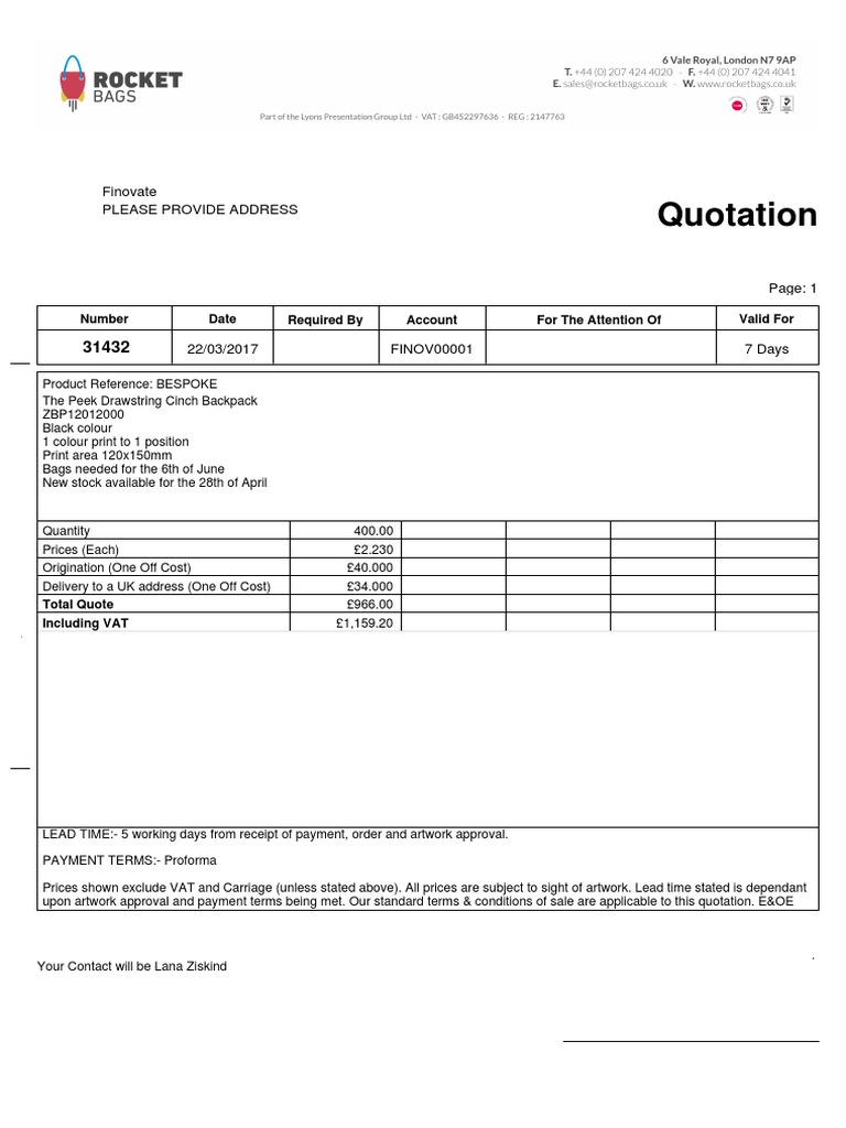 Rocket Bags Quotation | PDF