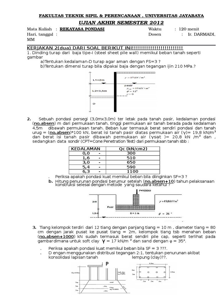 Ujian Rekayasa Pondasi 2012 | PDF | Sains & Matematika