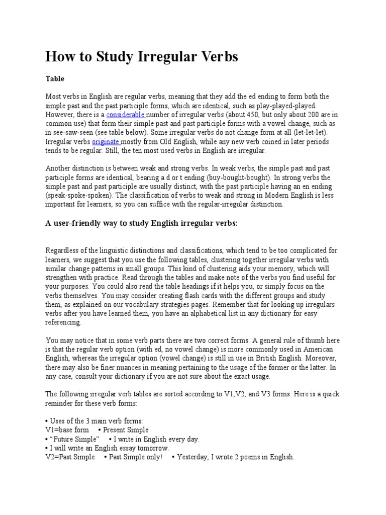 How To Study Irregular Verbs | PDF | English Language | Syntax