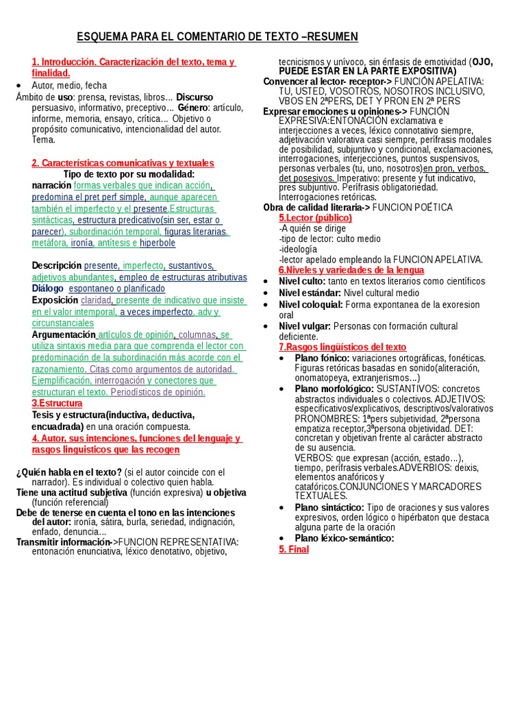 Esquema Para El Comentario de Texto | Verbo | Oración (Lingüística)