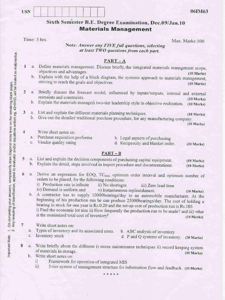 VTU Material Management Question Paper PDF | PDF