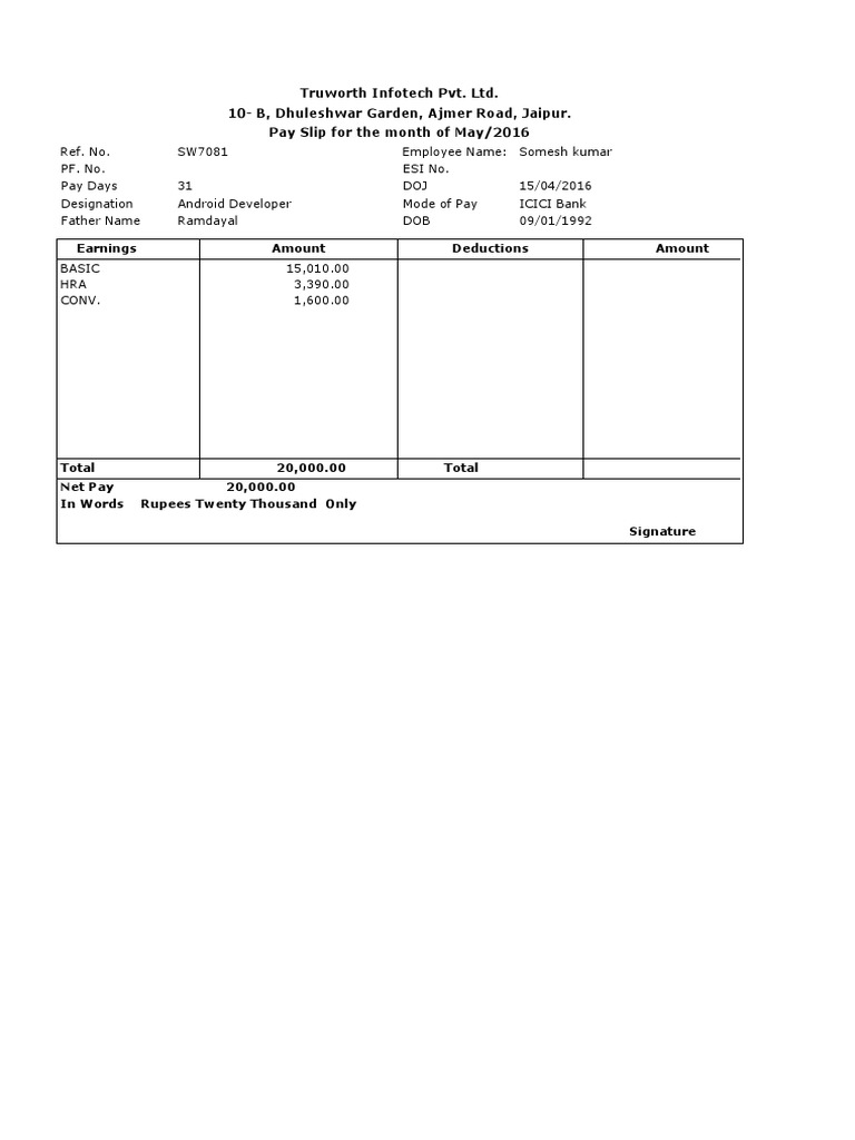 May 2016 Pay Slip - Truworth Infotech | PDF