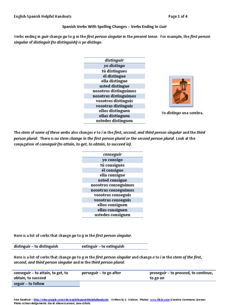 Spanish Verbs With Spelling Changes-Verbs Ending in Guir | Download ...