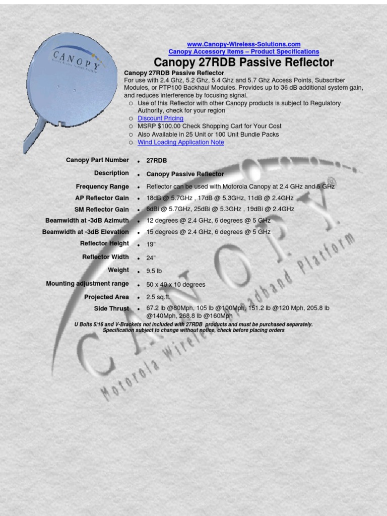 Canopy 27RDB Passive Reflector: Product Specifications for a Wireless ...