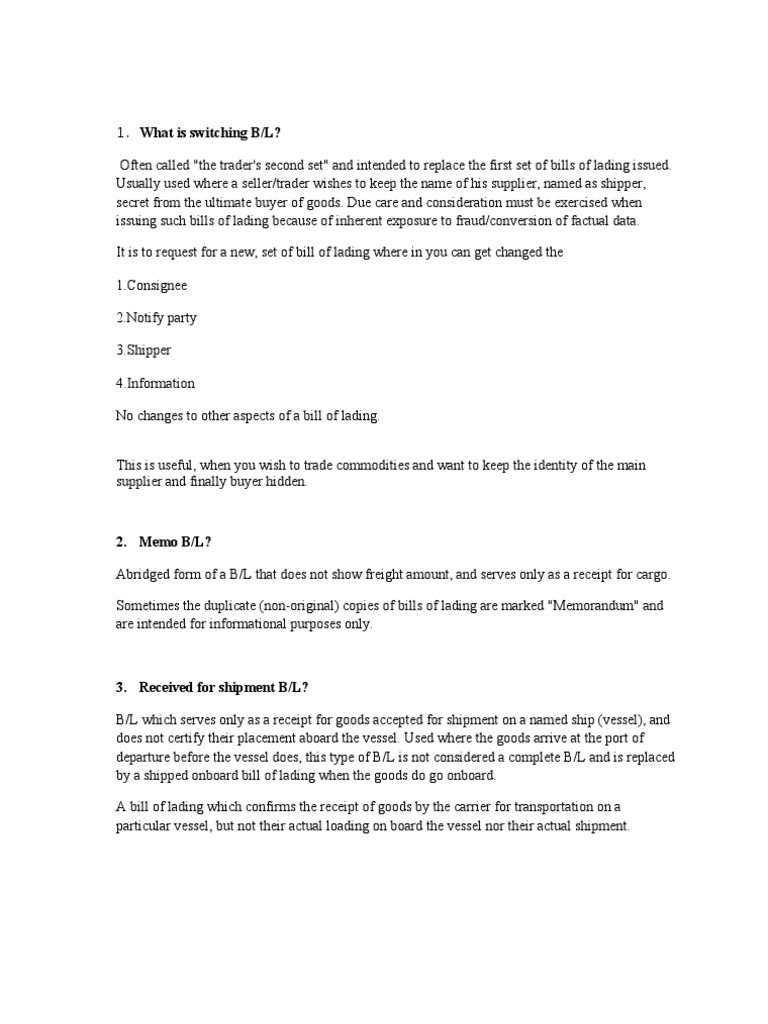 Types of Bills of Lading Explained | PDF | Bill Of Lading | Cargo