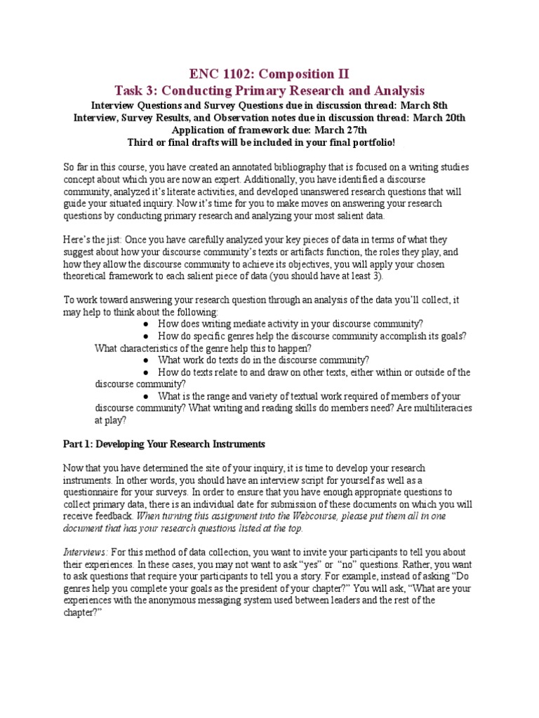 ENC 1102: Composition II Task 3: Conducting Primary Research and ...