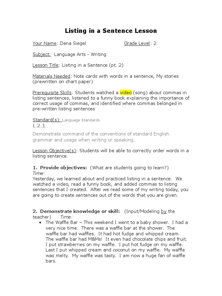 Listing in a Sentence Lesson Plan | Lesson Plan | Pedagogy