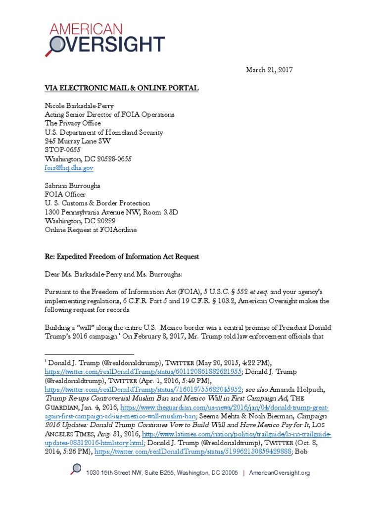 American Oversight FOIA Request To DHS - Costs (DHS-17-0045) | PDF ...