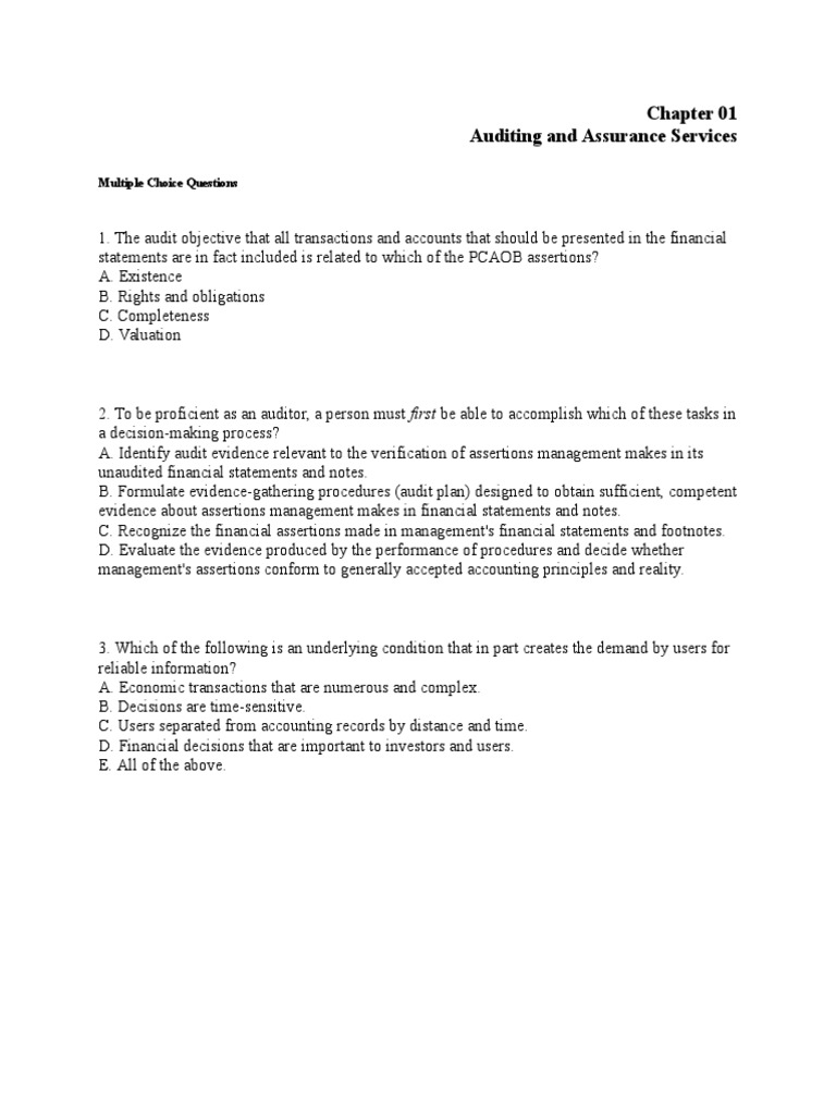 Auditing and Assurance Services: Multiple Choice Questions | PDF | Audit | Financial Statement