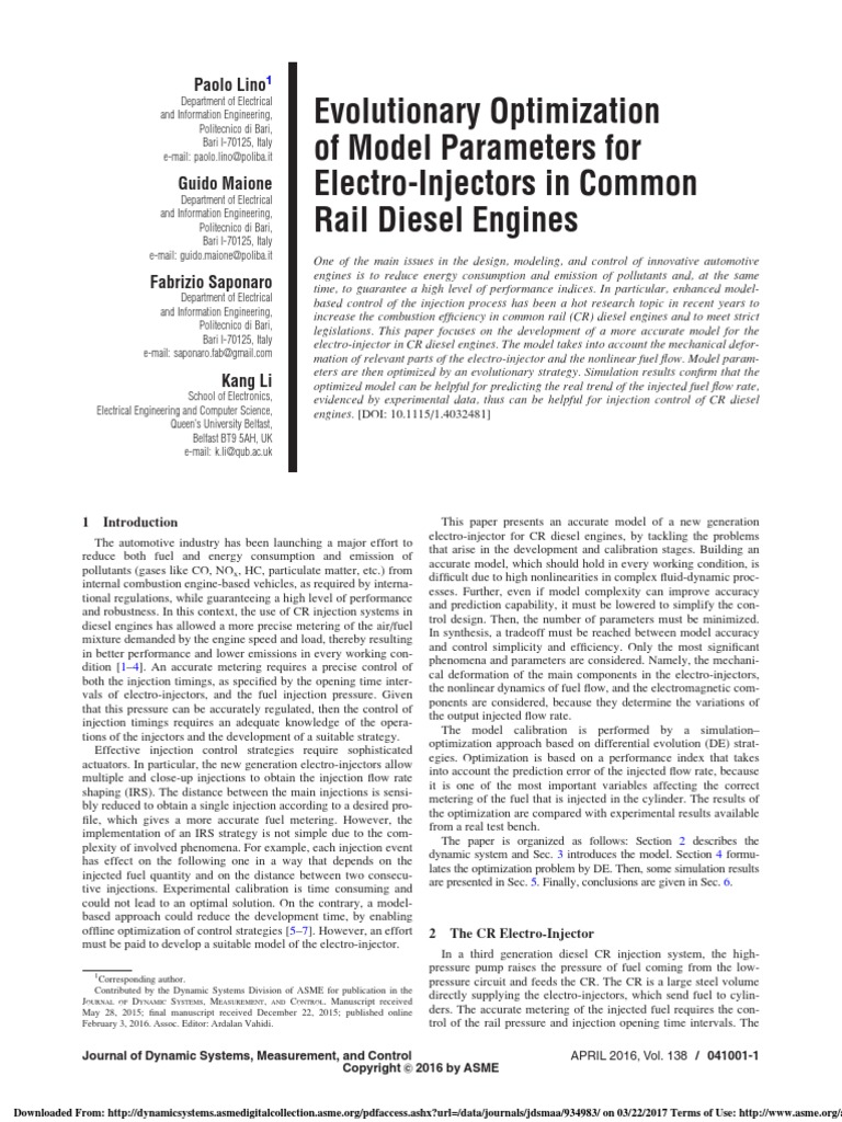 Evolutionary Optimization of Model Parameters For Electro Injectors in ...