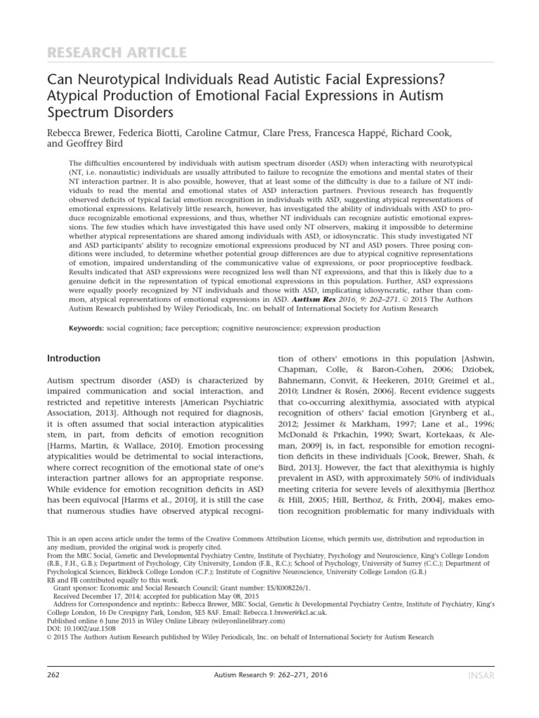 Can Neurotypical Individuals Read Autistic Facial Expressions? Atypical ...