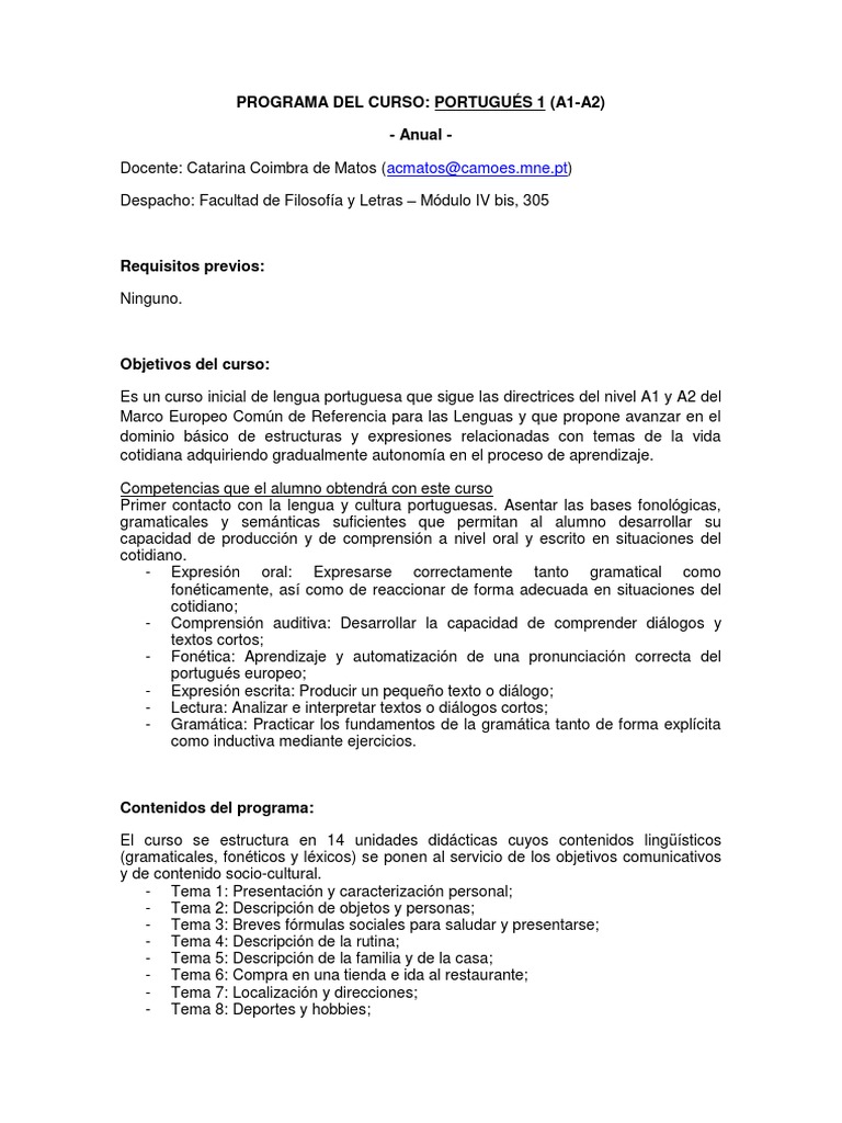 Curso de Portugués A1-A2: Programa y Evaluación | PDF | Prueba ...