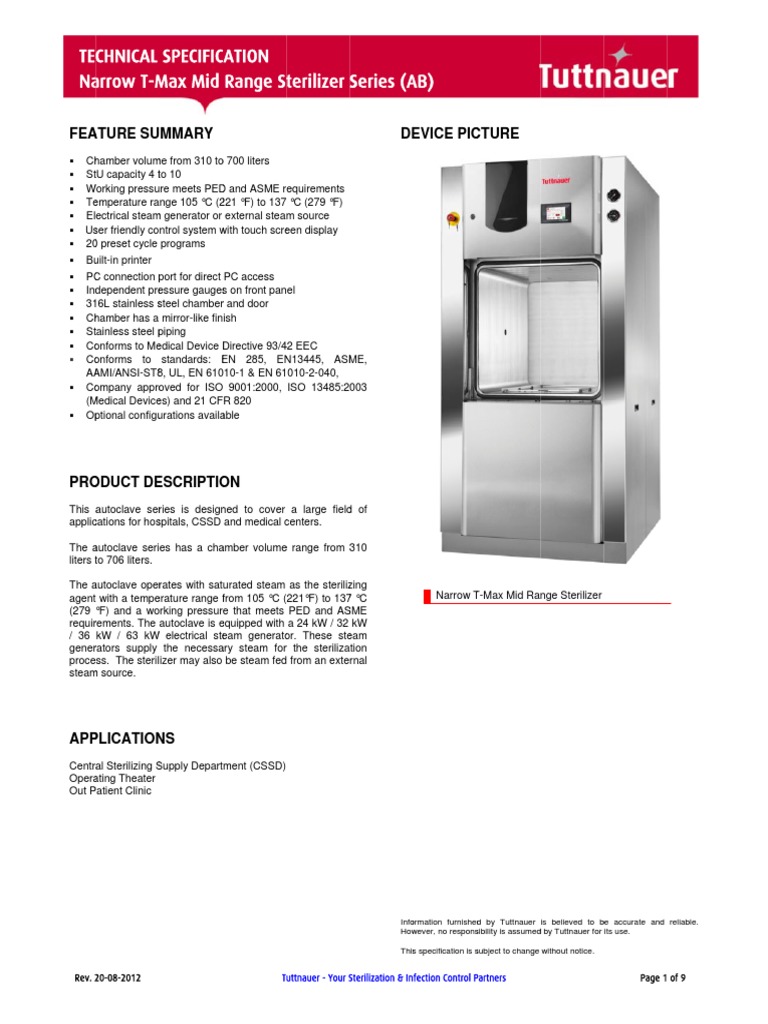 Tuttnauer - Intl - Narrow T-Max - Medical - AB - Ver 1.11 PDF | PDF ...