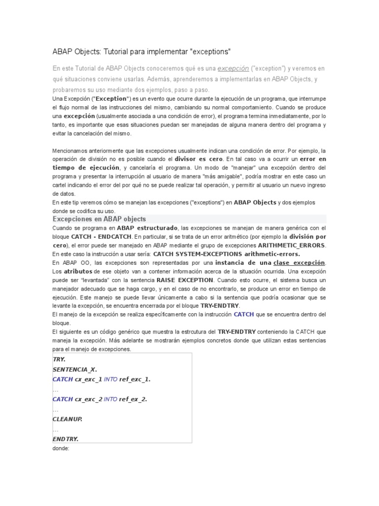 Excepciones en ABAP Objects: Tutorial | PDF