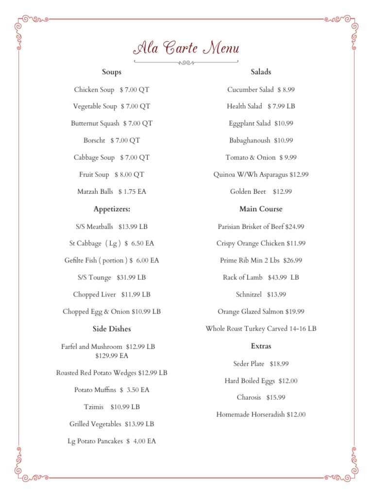 Passover Ala Carte Menu by Platinum Caterers Palm Beach | PDF