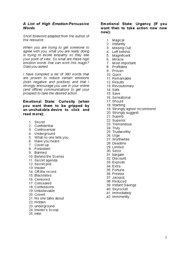 A Comprehensive List of High Emotion Words to Persuade and Motivate ...