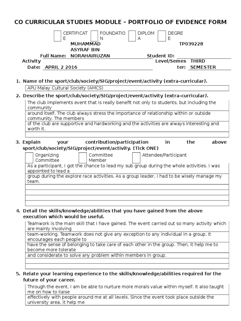 Co Curricular Studies - Portfolio of Evidence Form | PDF | Witness ...