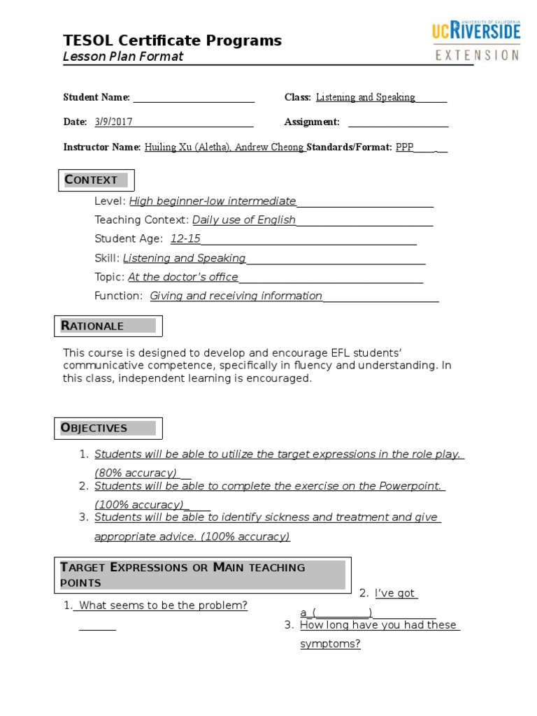 Lesson Plan | PDF | English As A Second Or Foreign Language | Lesson Plan