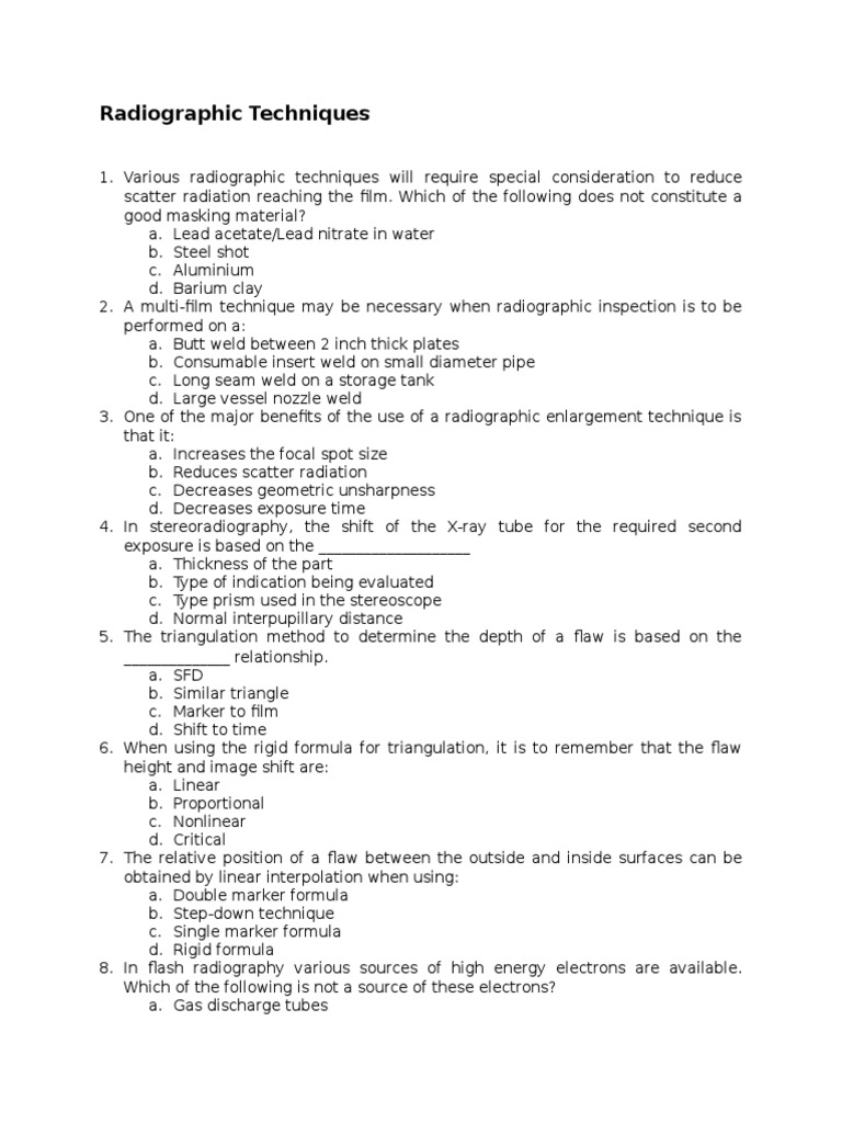 Radiographic Techniques Q & A | PDF | Radiography | Electron