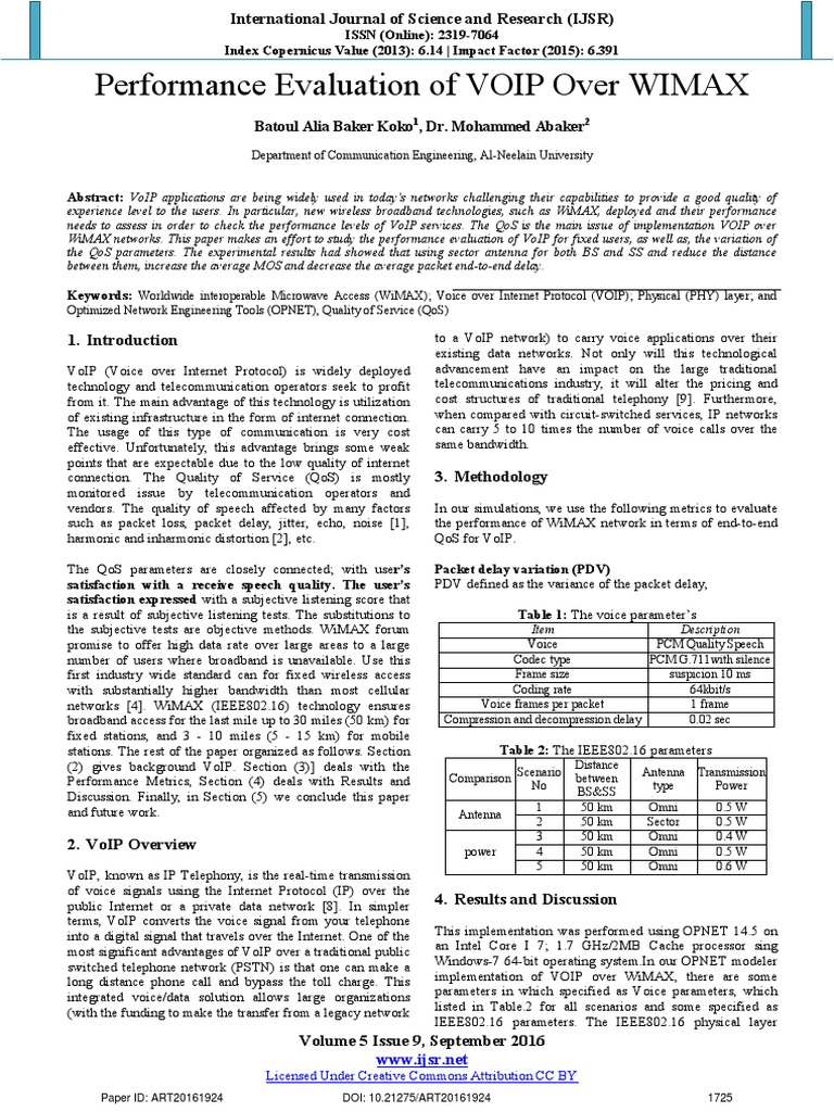 Performance Evaluation Voip Over Wimax Pdf Voice Over Ip Quality