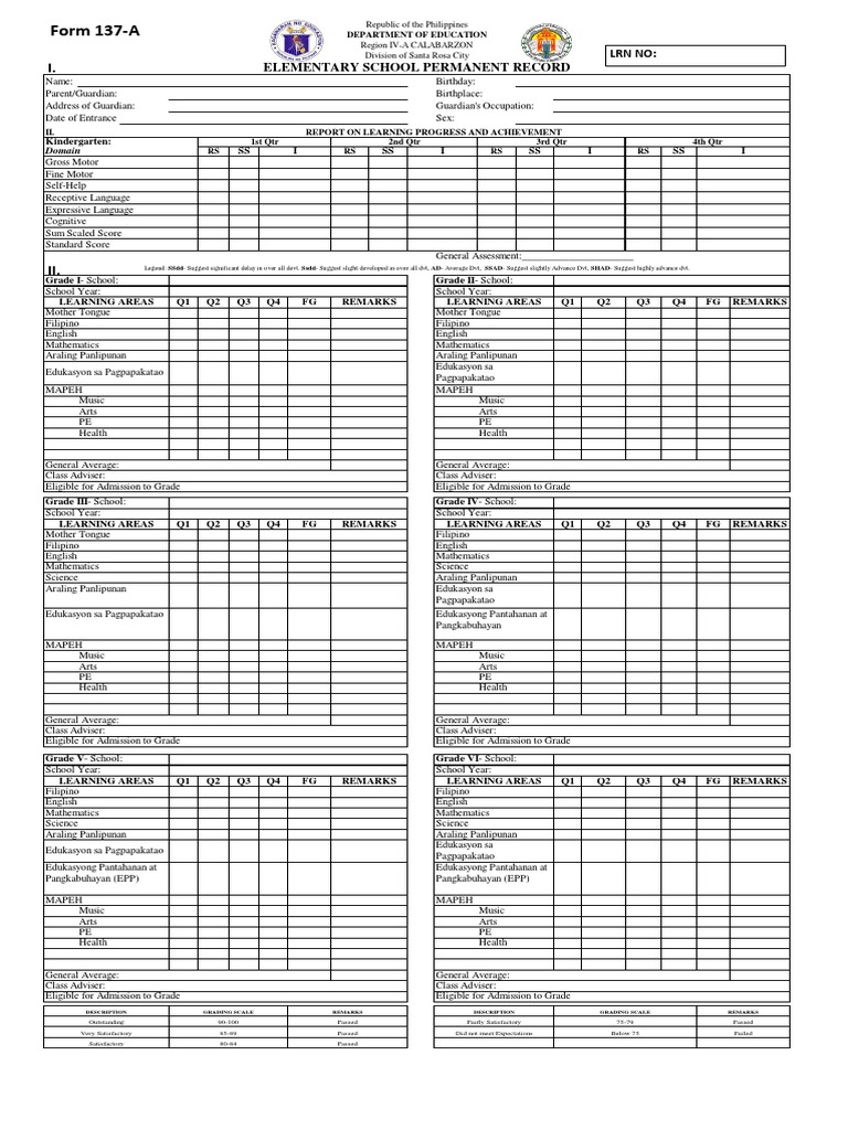 Form 137-A: Elementary School Permanent Record LRN No | Download Free ...