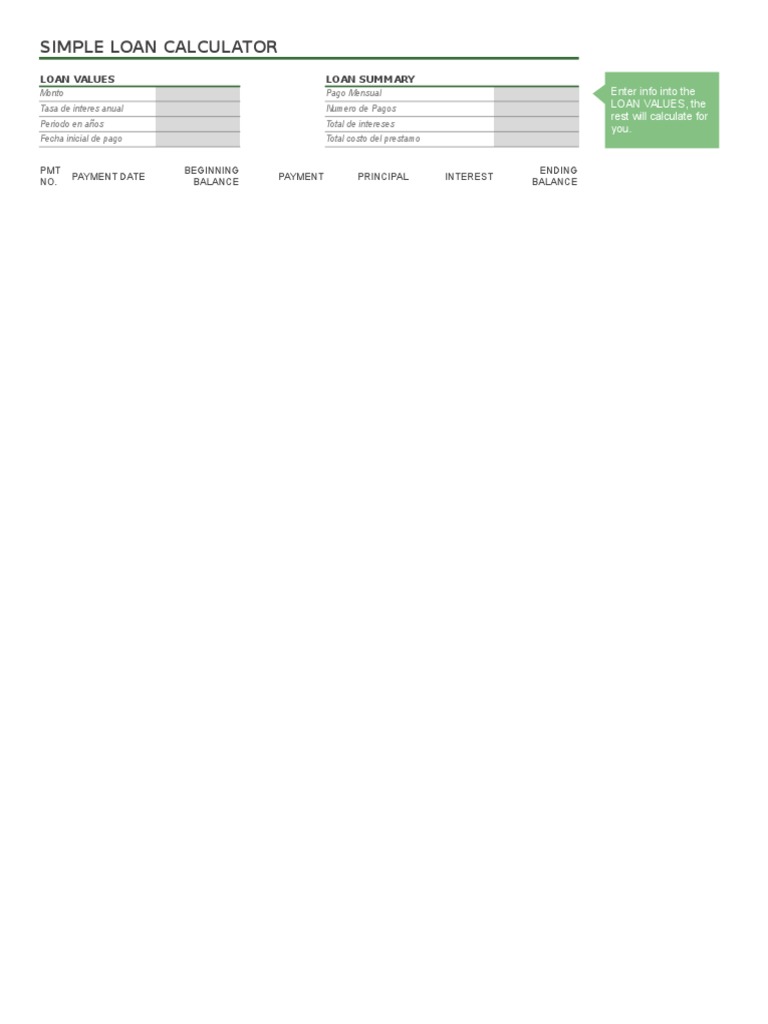 Simple Loan Calculator: Payment Date Payment Principal Interest PMT NO ...