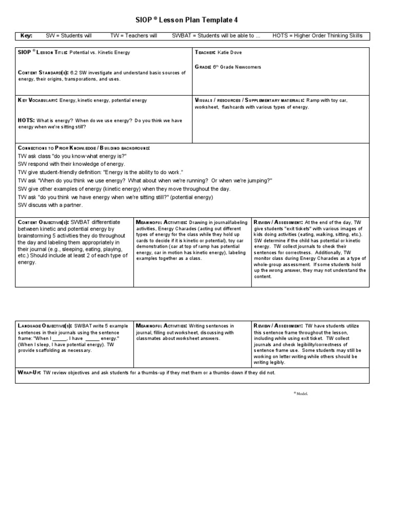Siop Lesson Plan Template 4: Key: Siop L T: T: G | PDF | Educational ...