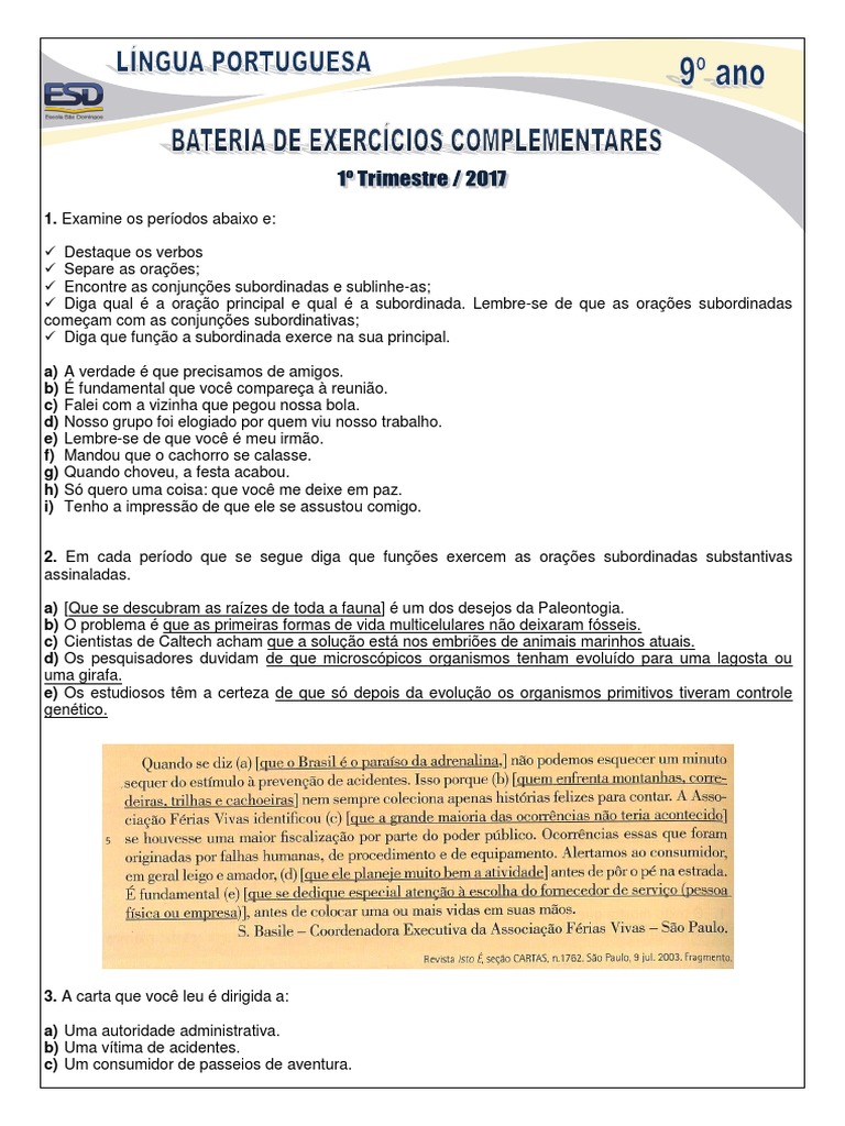Exer Prova Portuguesa 9 Ano | PDF | Sintaxe | Mecânica da linguagem