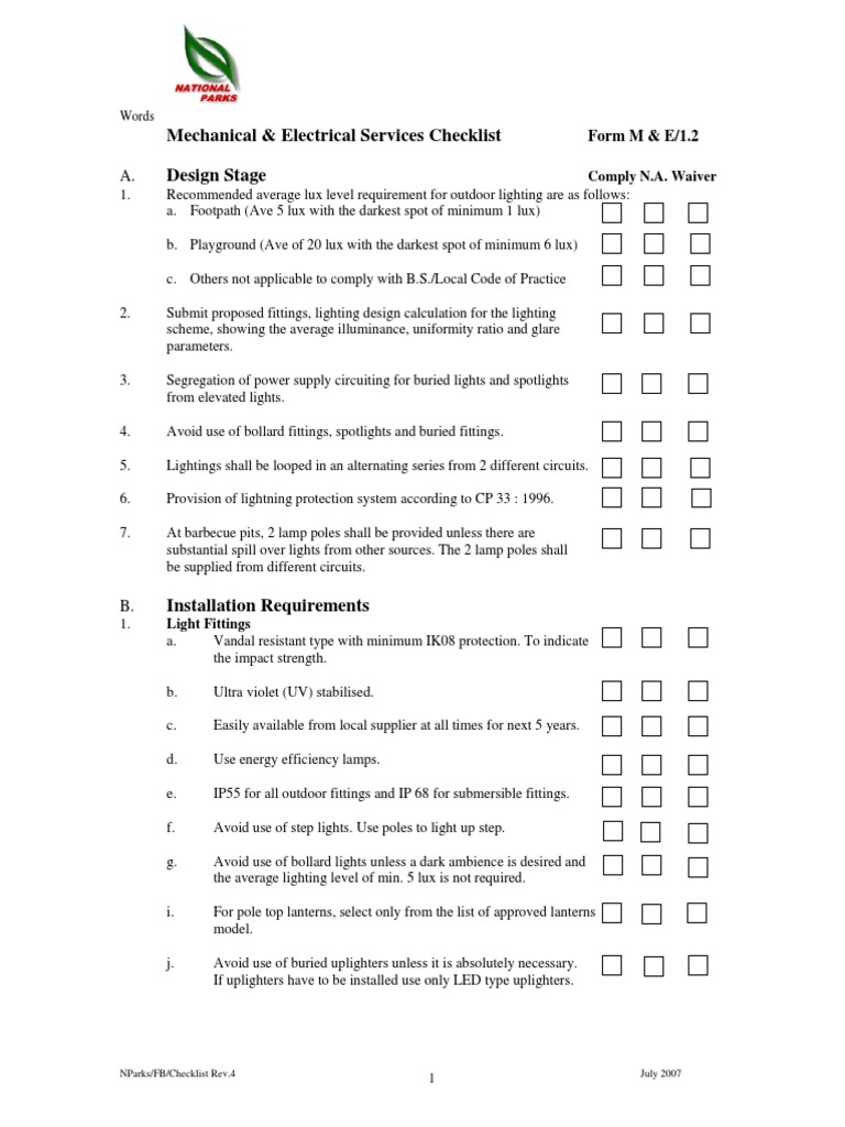 M&E Checklist | PDF | Lighting | Cable