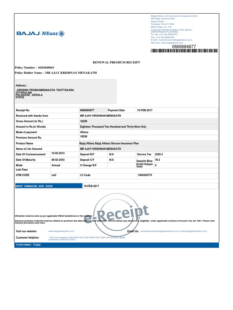Renewal Receipt for Life Insurance Policy Document | PDF