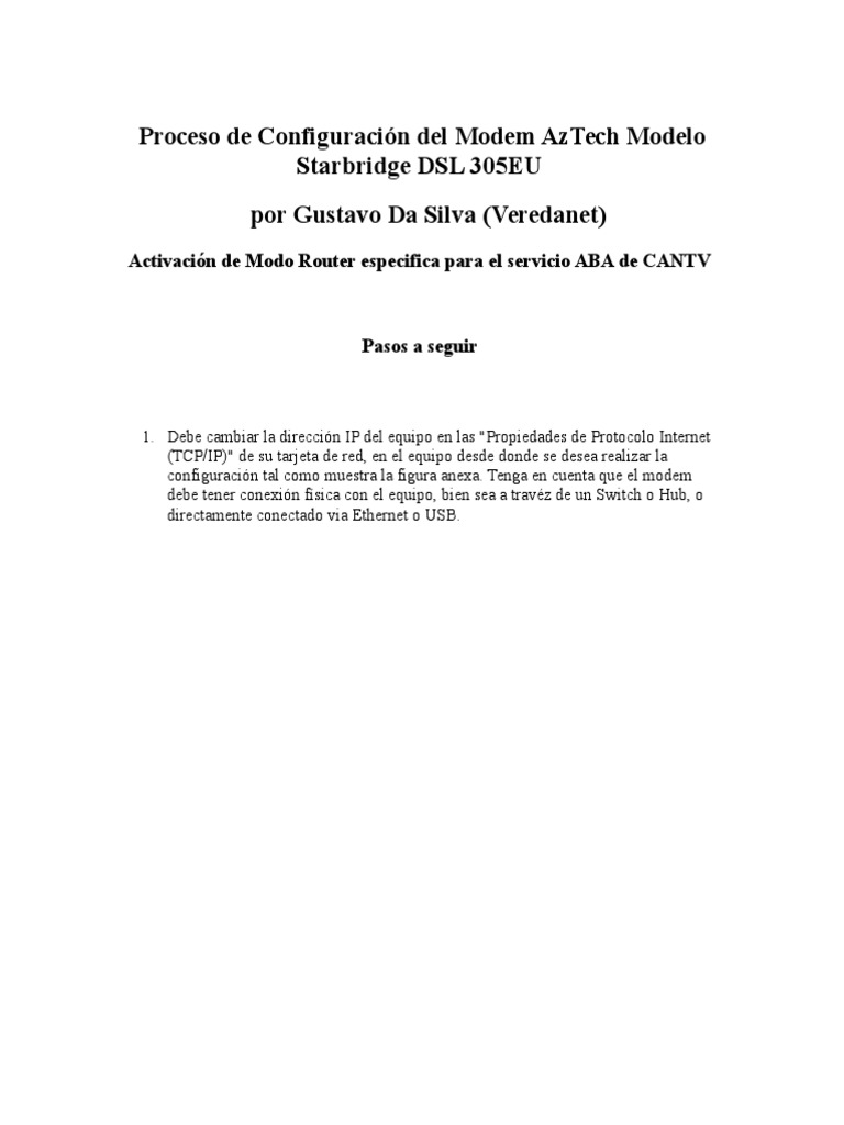 Proceso de Configuración Del Modem AzTech Modelo Starbridge DSL 305EU ...