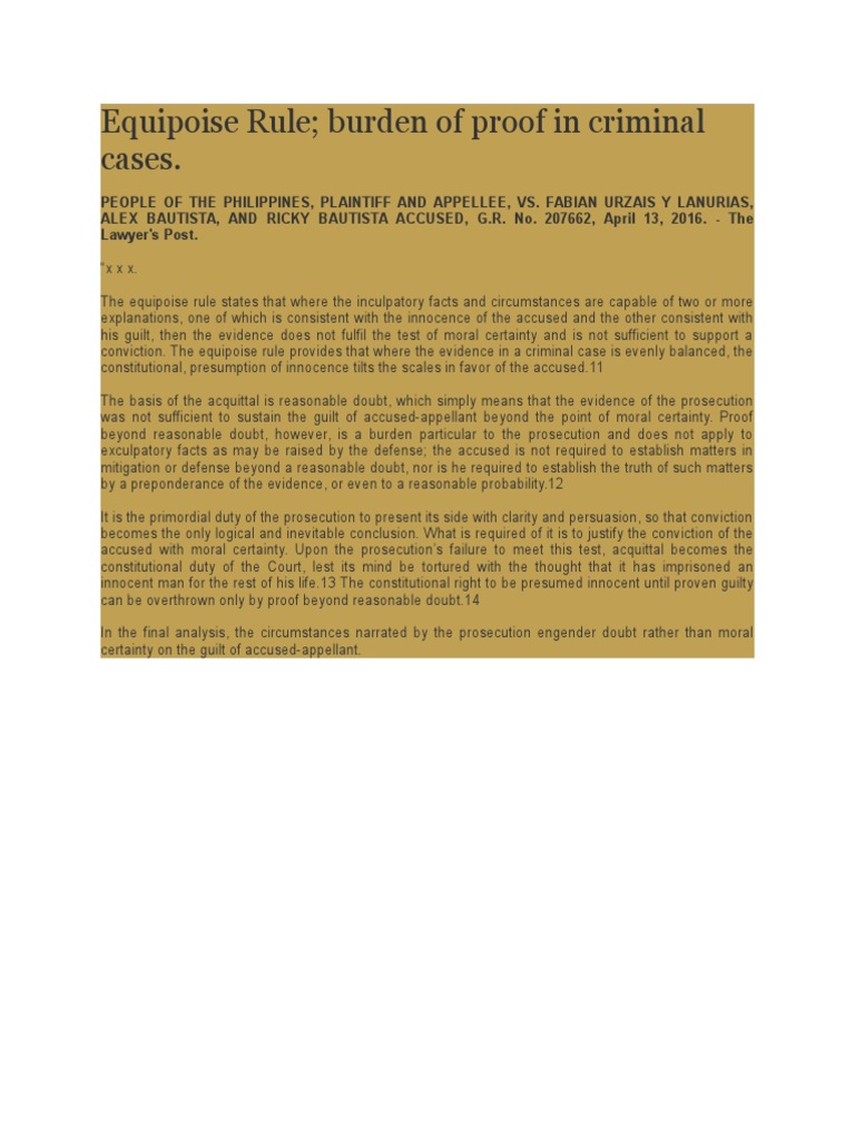 Equipoise Rule Burden of Proof in Criminal Cases | PDF