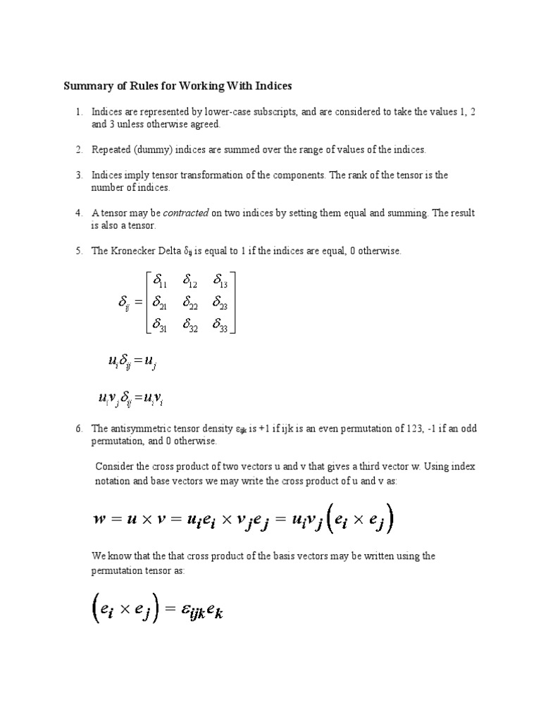 Summary of Rules For Working With Indices | PDF | Euclidean Vector | Tensor