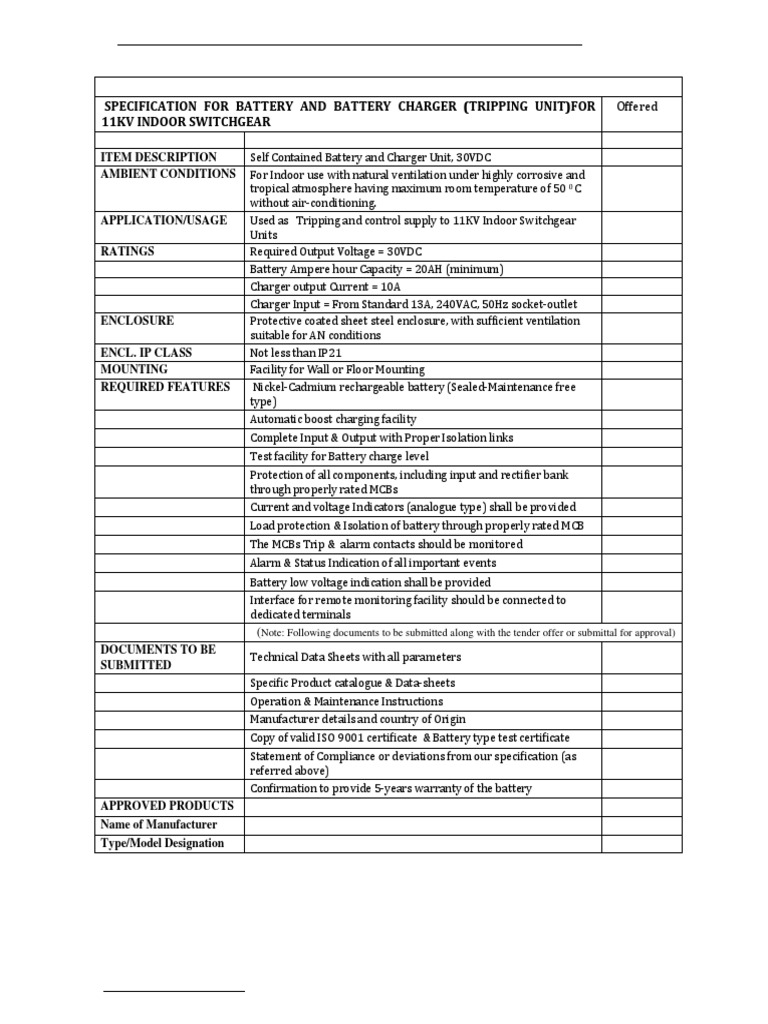 Specification For Battery and Battery Charger (Tripping Unit) For 11Kv ...