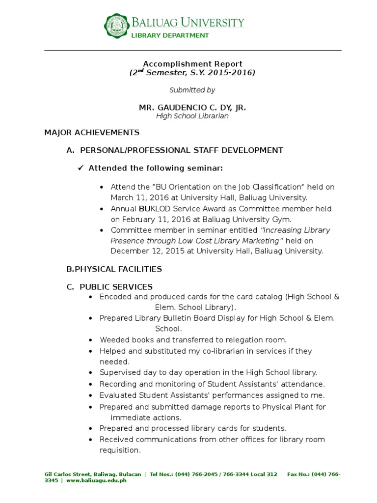 Accomplishment Report 2nd Sem 2015-2016 | PDF | Libraries | Secondary ...