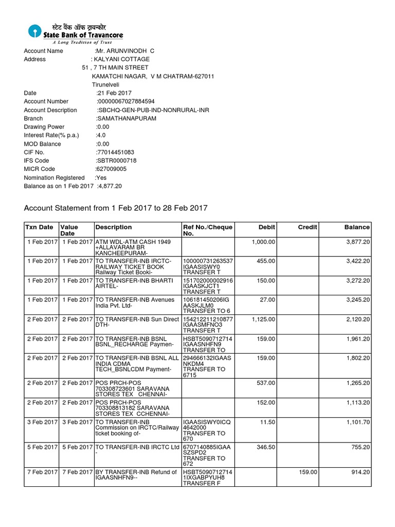 Account Statement From 1 Feb 2017 To 28 Feb 2017: TXN Date Value Date Description Ref No./Cheque ...