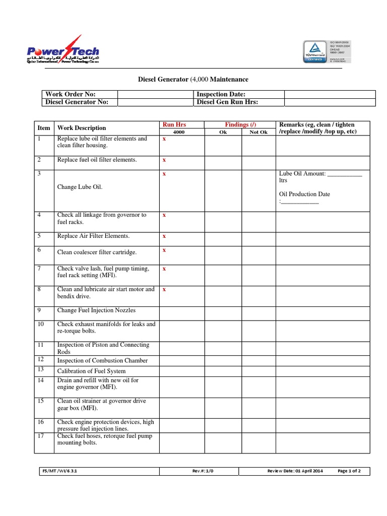 Checklist 1 | PDF | Diesel Engine | Vehicle Parts