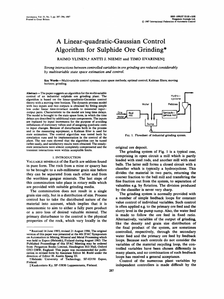 A Linear-quadratic-Gaussian Control Algorithm For Sulphide Ore Grinding ...
