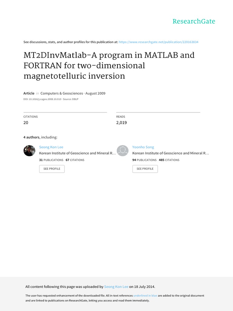Mt2Dinvmatlab-A Program in Matlab and Fortran For Two-Dimensional Magnetotelluric Inversion ...