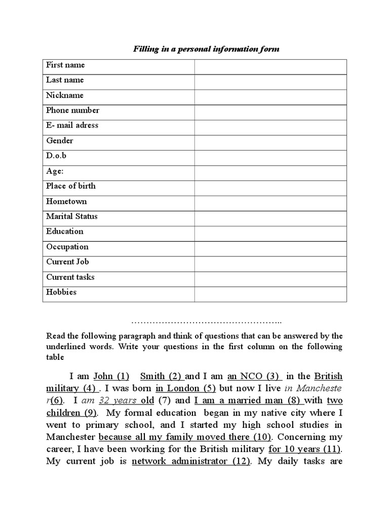 Filling in A Personal Information Form-Pers Info Paragraph Preint | PDF