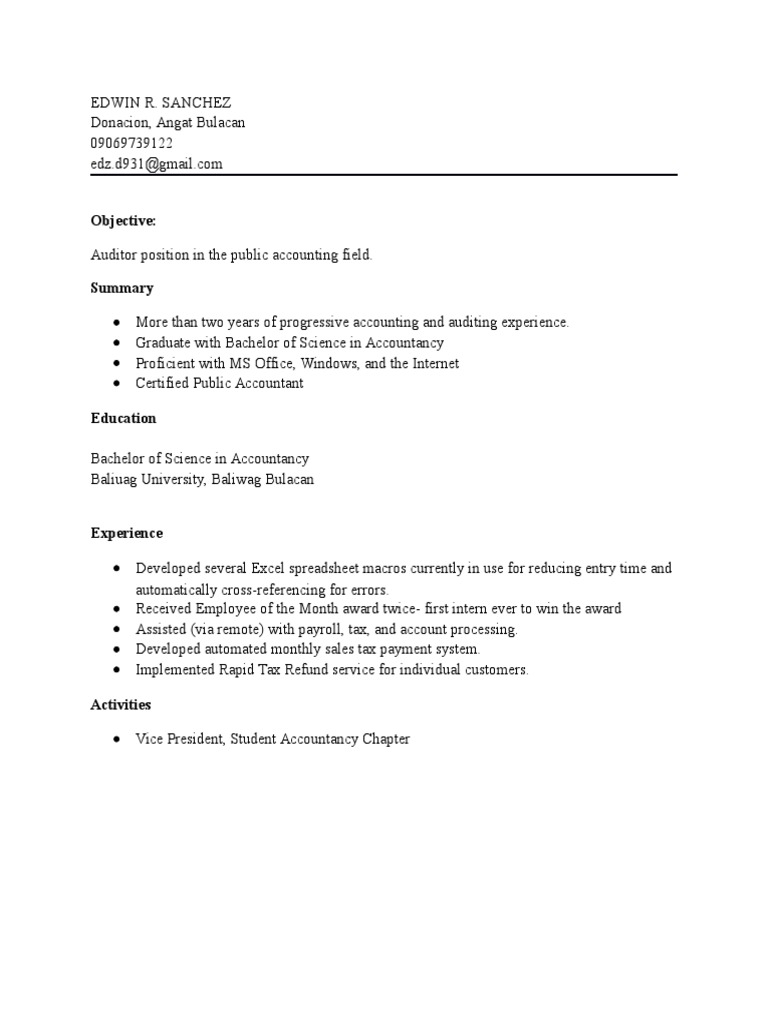 Auditor Resume of Edwin R. Sanchez | PDF