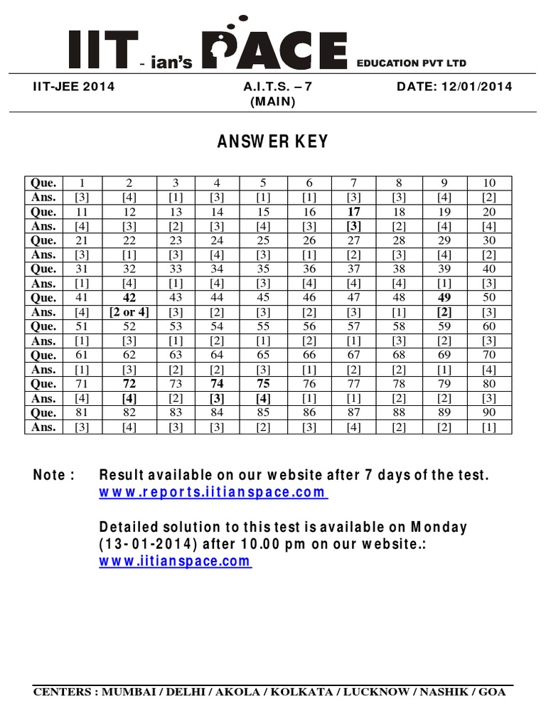 Aits - 7 - Mains - Answer Key | PDF