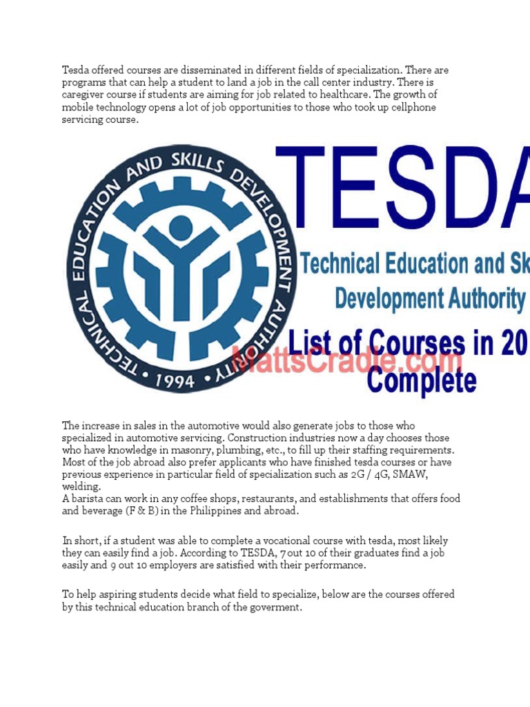 Tesda Offered Courses Are Disseminated in Different Fields of ...