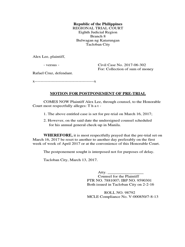 Motion to Postpone Pre-Trial Hearing | PDF