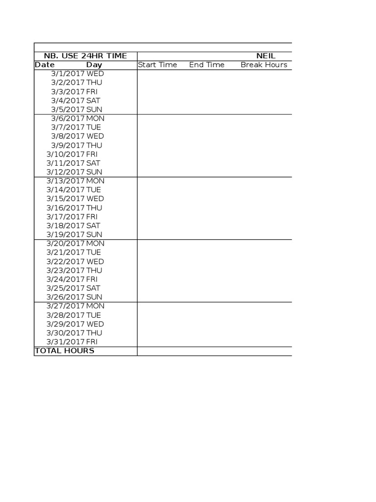 March Timesheet Nb. Use 24Hr Time Neil Date Day | PDF | Business