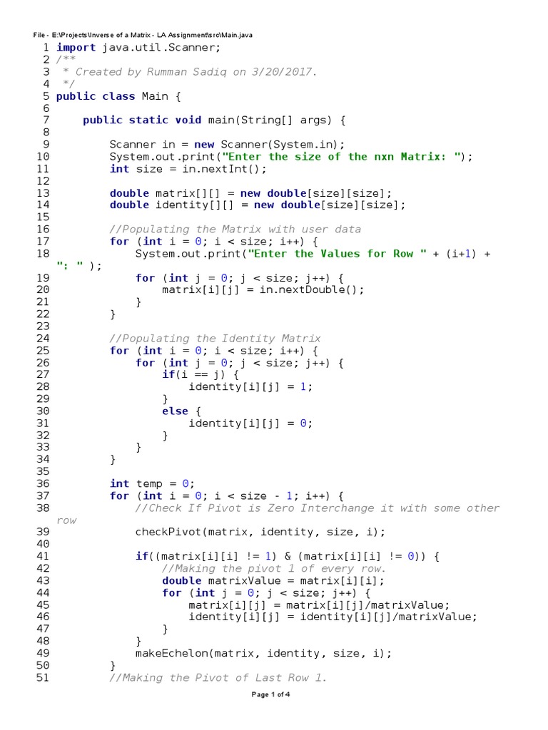 Inverse Of Nxn Matrix In Java By Augmenting The Matrix With Identity Matrix Pdf Matrix 