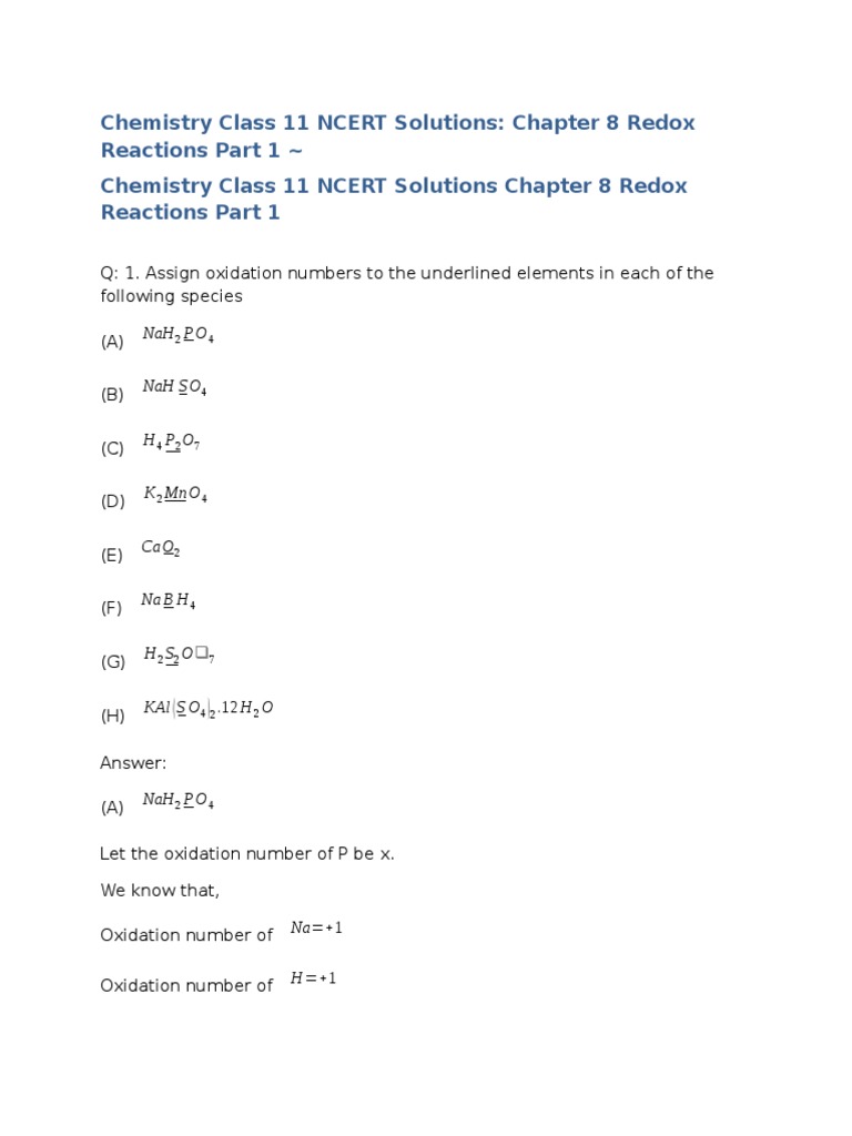 Chemistry Class 11 NCERT Solutions: Chapter 8 Redox Reactions Part 1 ...