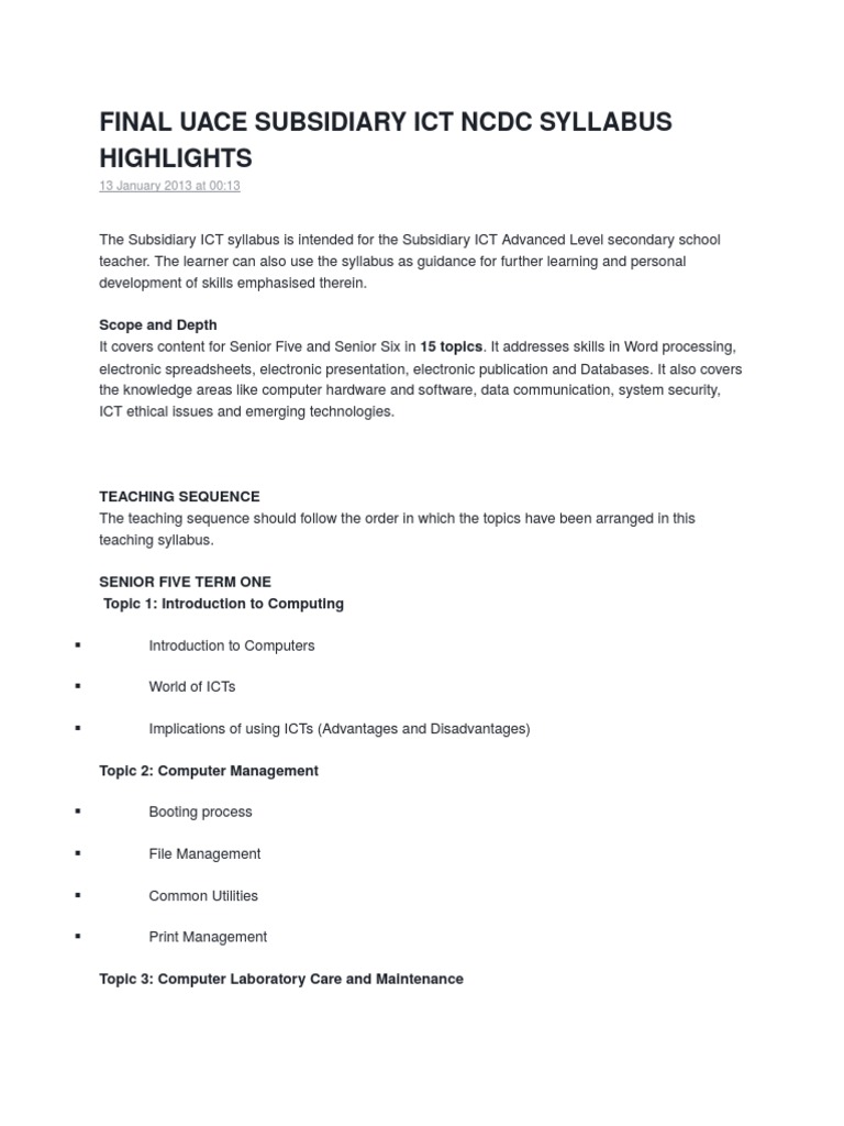 Final Uace Subsidiary Ict NCDC Syllabus Highlights | PDF | Educational ...