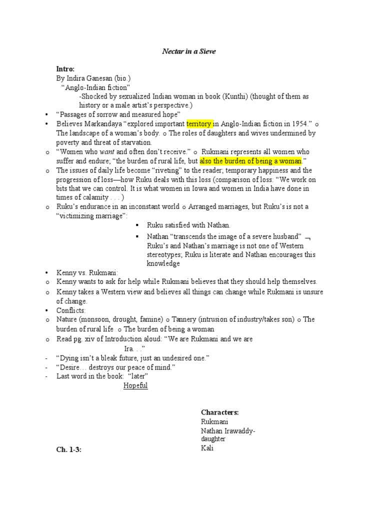 Notes On Nectar in A Sieve | PDF | Hindu Mythology | Religion And Belief