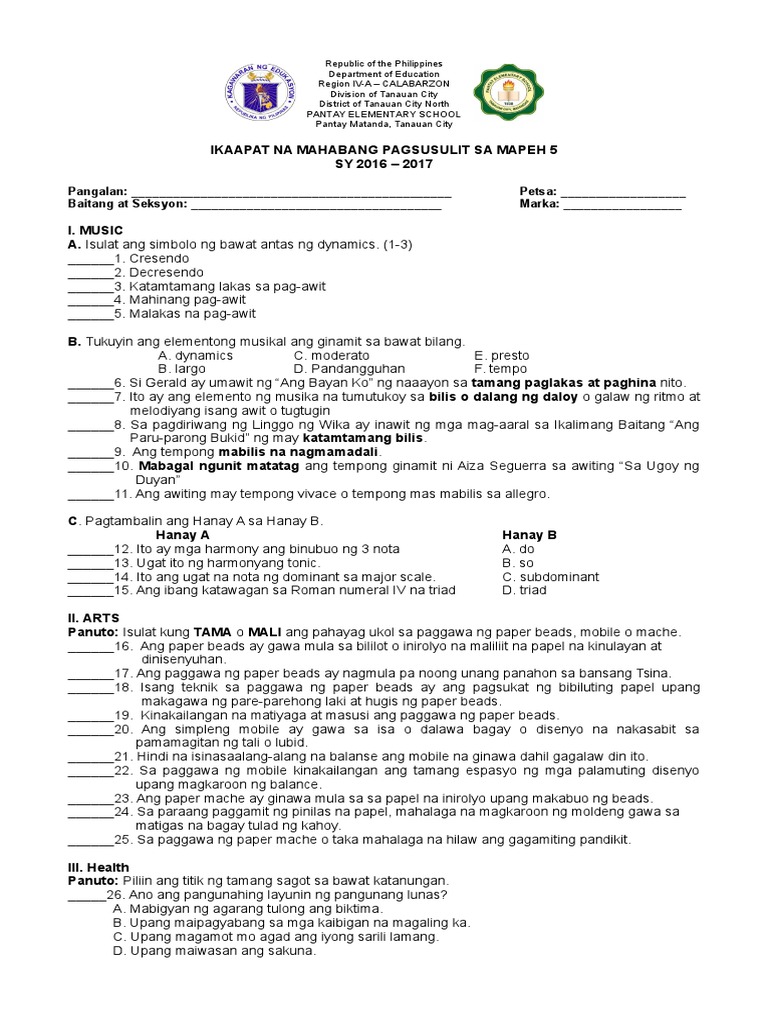 4th Quarter MAPEH 5 | PDF